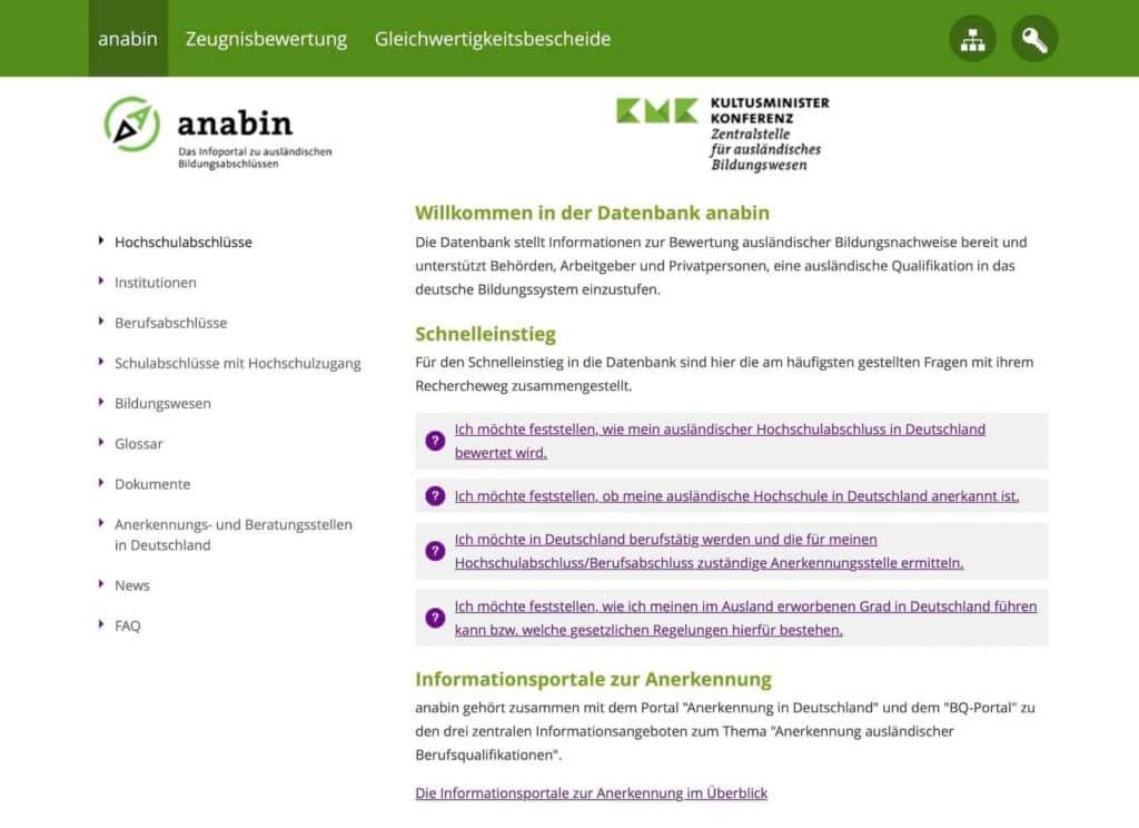 Guide to navigate the anabin information portal | German Educare